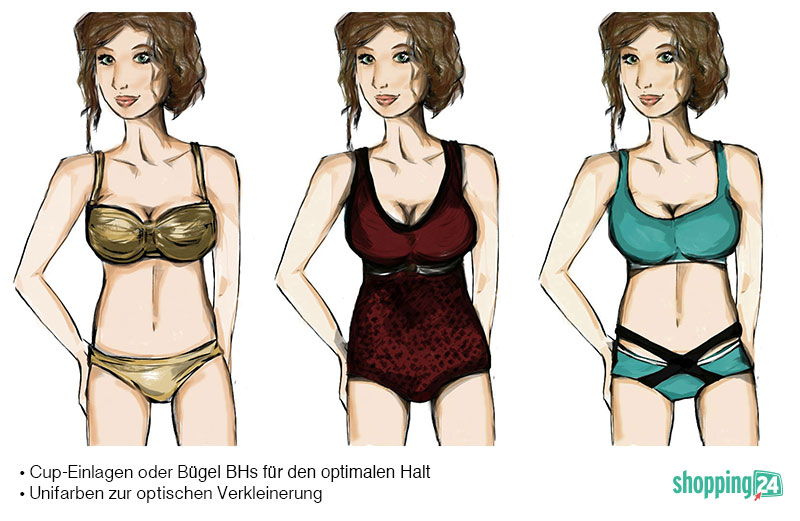 Drei Beispiele für Bikiniform mit großem Busen