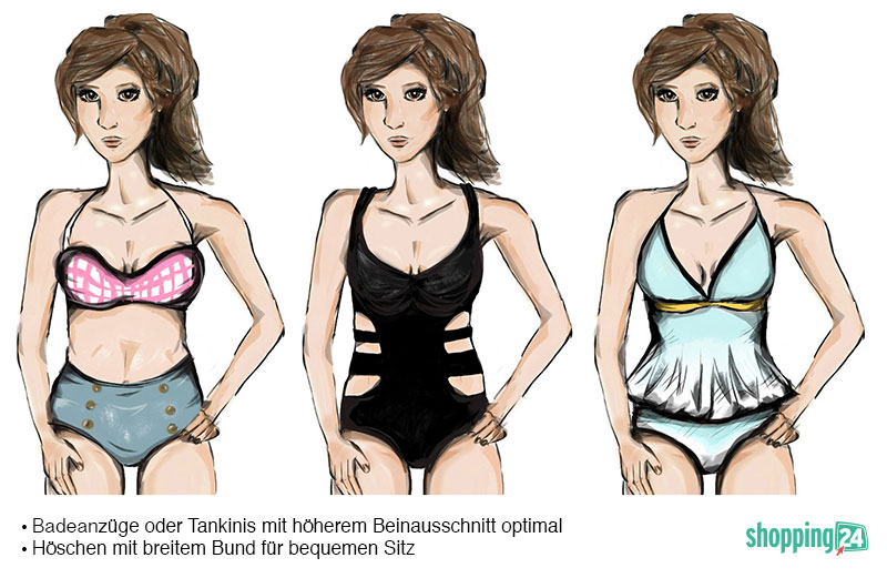 Drei Beispiele für Bikiniform mit kleinem Bauch
