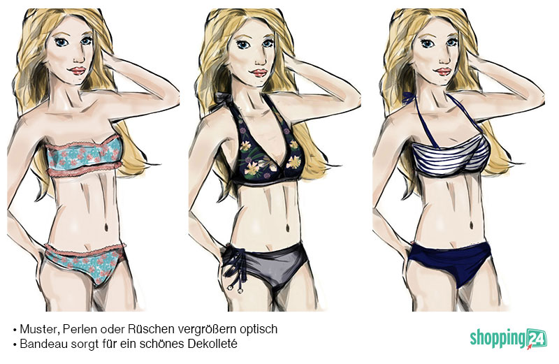 Drei Beispiele für Bikiniform mit kleinem Busen