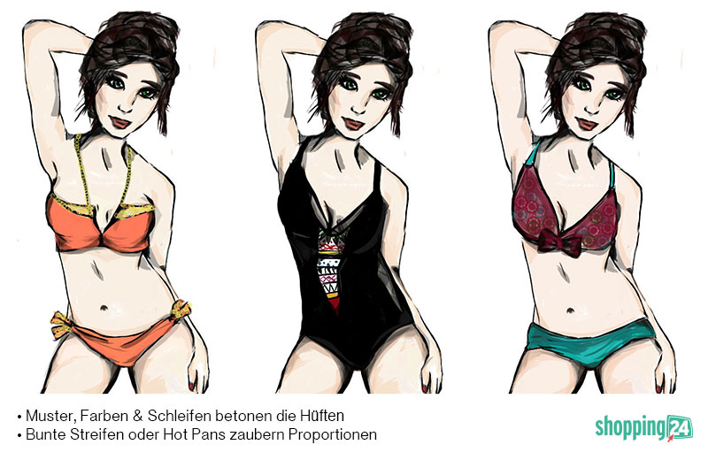 Drei Beispiele für Bikiniform mit wenig Taille