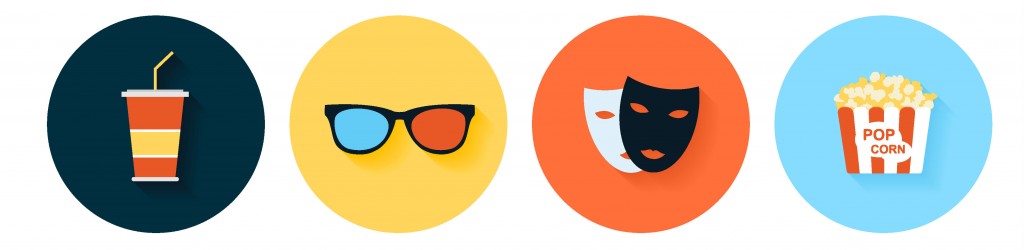Heimkino Icons: Getränk, 3D-Brille, Masken, Popcorn